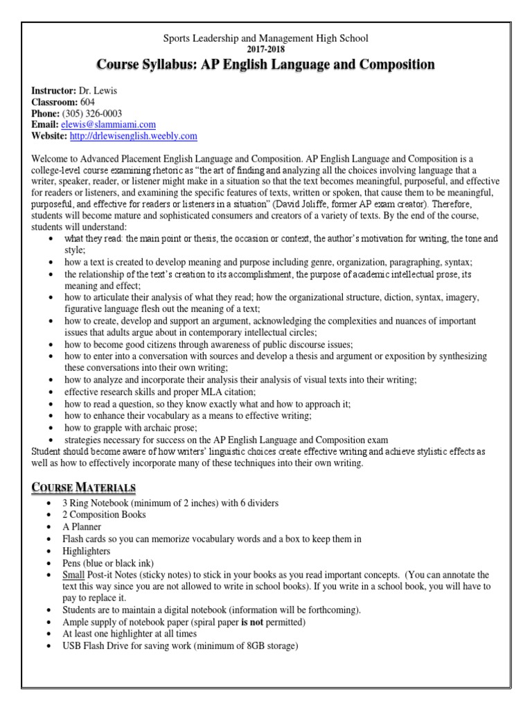 Course Syllabus - Ap Lang - 2017-18 | PDF | Advanced Placement | Rhetoric