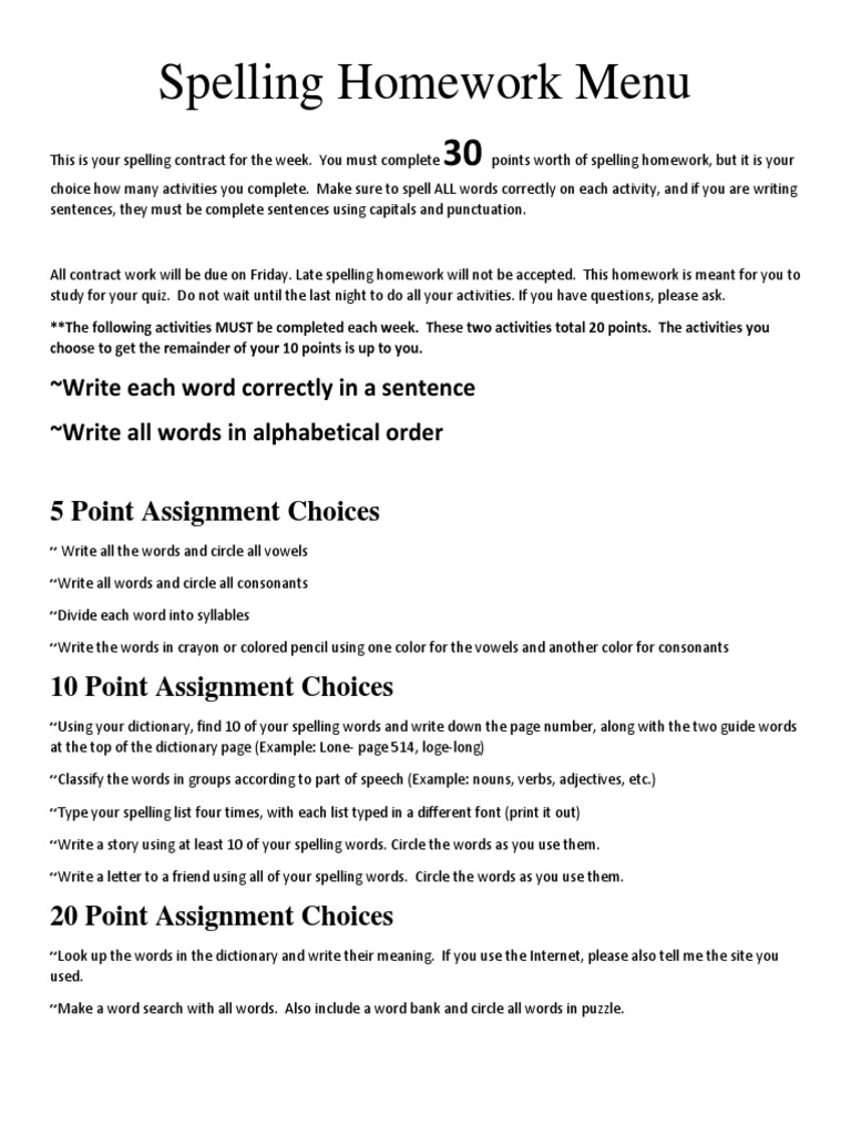 Spelling Homework Menu: 5 Point Assignment Choices | PDF | Language ...