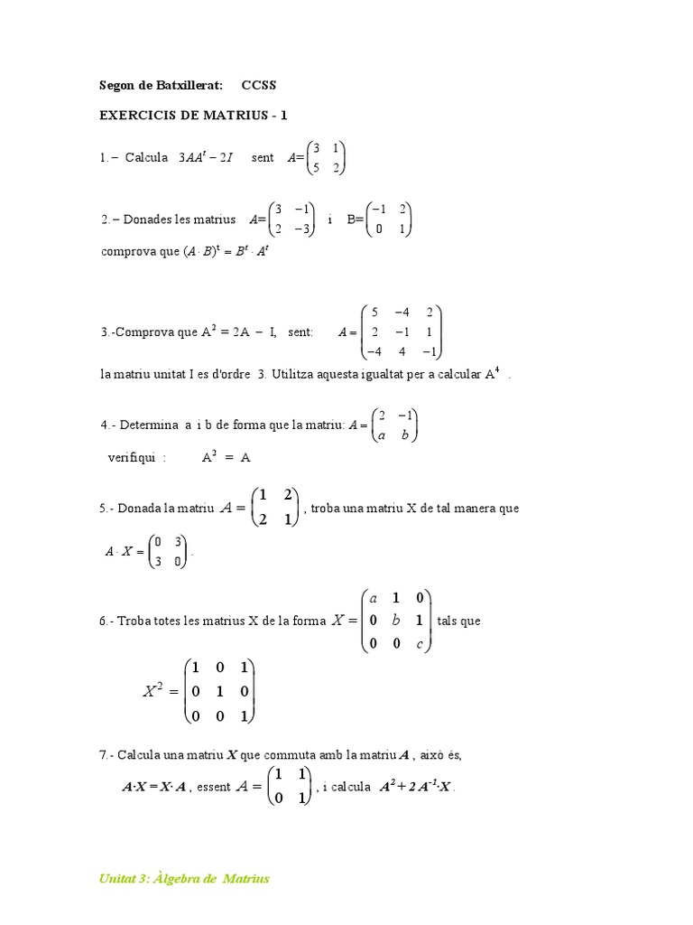 Exercicis Algebra Matrius 1 | PDF