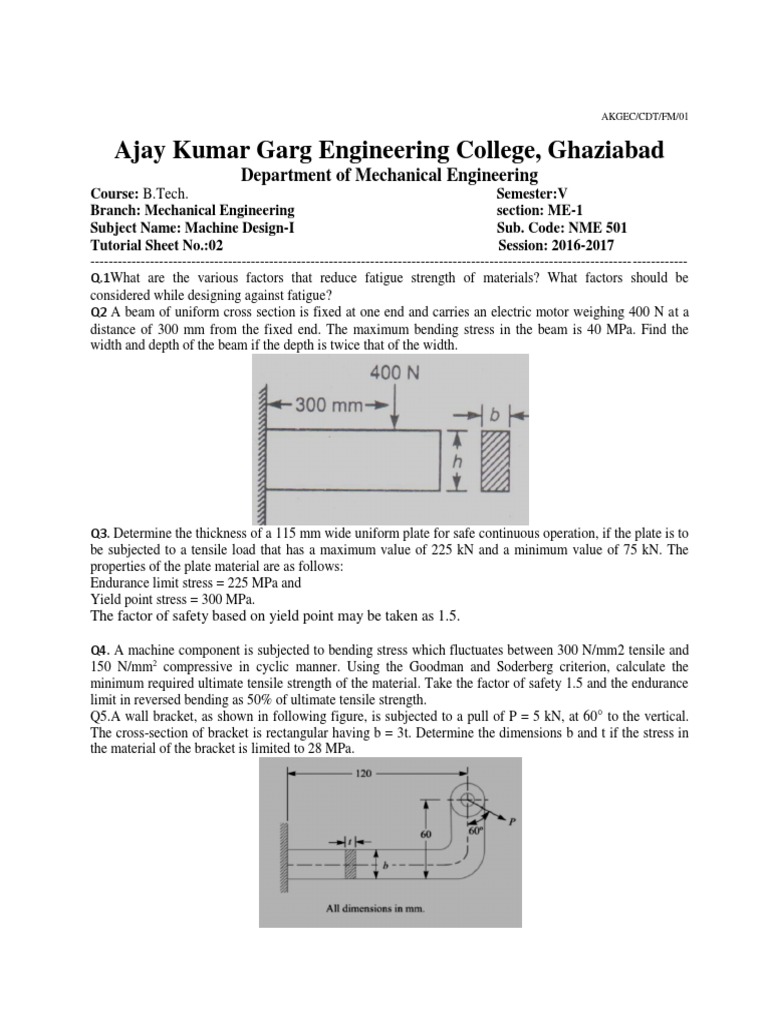 Machine Design Tutorial Sheet Questions | PDF | Strength Of Materials ...