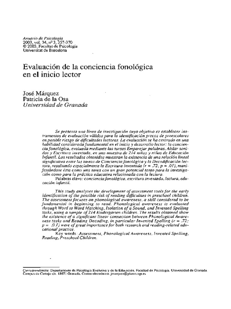 Evaluación de La Conciencia Fonológica en El Desarrollo Lector PDF | PDF