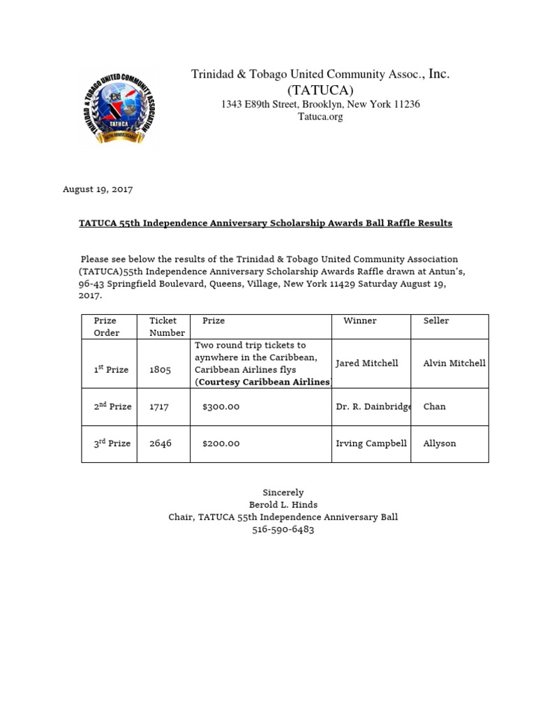 TATUCA 55th Independence Raffle Results | PDF