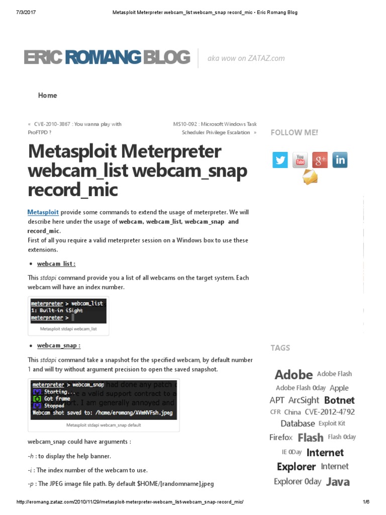 Metasploit Meterpreter Webcam - List Webcam - Snap Record - Mic - Eric ...