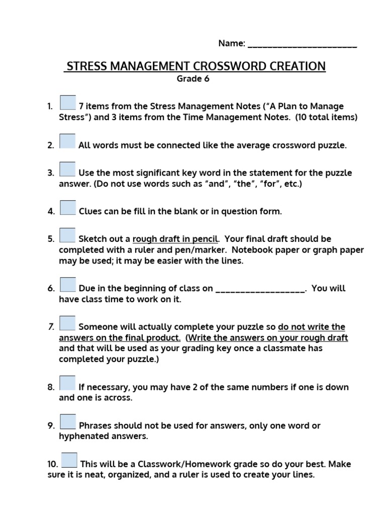 Stress Management Crossword Project | PDF