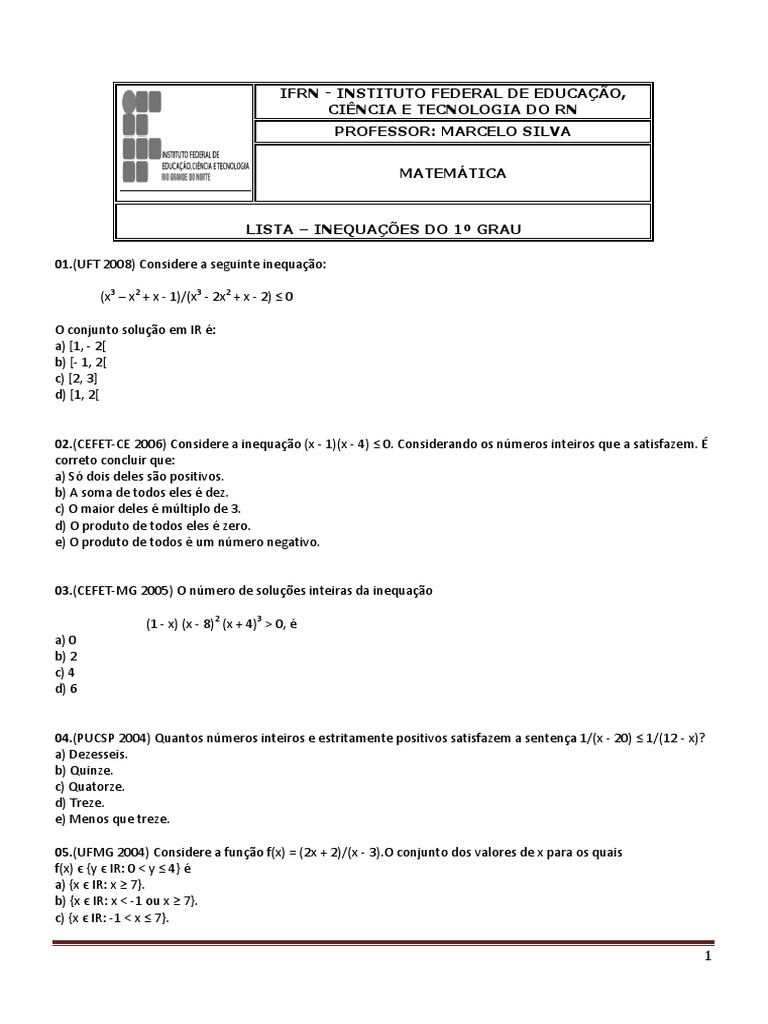 Lista Inequacoes Do 1 Grau | Objetos Matemáticos | Conceitos Matemáticos