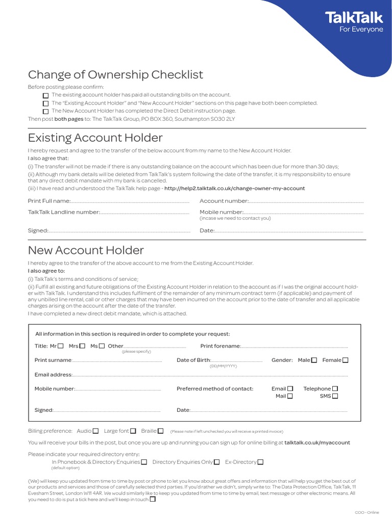 TalkTalk Change of Ownership Guide | PDF | Debit Card | Service Industries