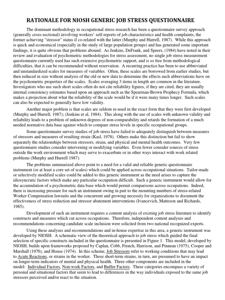 Rationale For Niosh Generic Job Stress Questionnaire | PDF ...