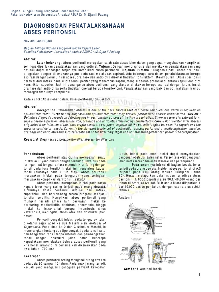 Diagnosis Dan Penatalaksanaan Abses Peritonsil PDF | PDF