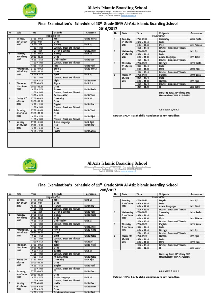Al Aziz Islamic Boarding School: No Date Time Subjects Accessore | PDF