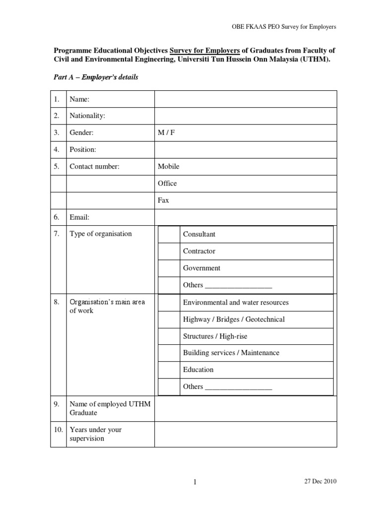 FORM 3 - PEO Survey For Employer PDF | PDF | Engineering | Civil ...