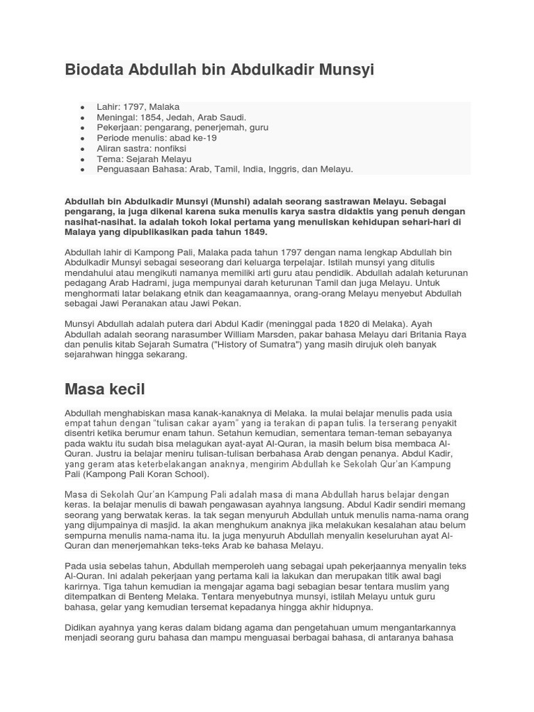 Biodata Abdullah Bin Abdulkadir Munsyi | PDF | Agama & Spiritualitas