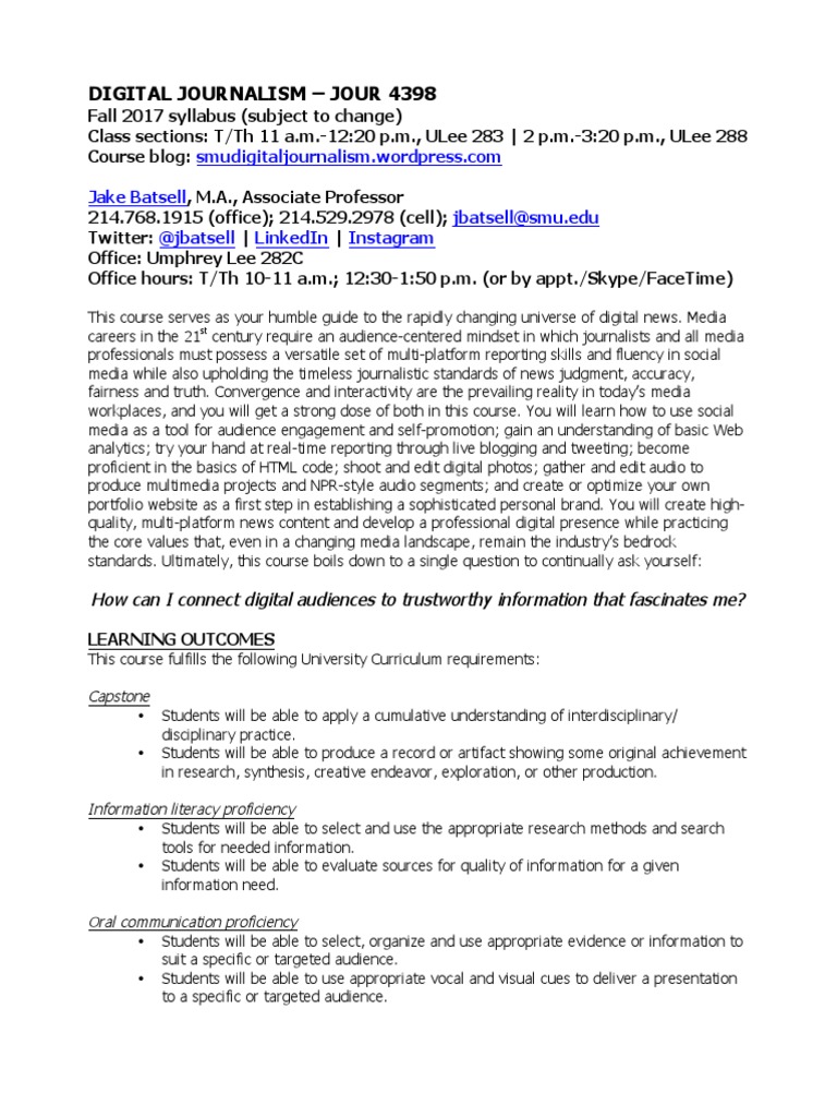 Digital Journalism Syllabus - Fall 2017 | PDF | Journalism | News