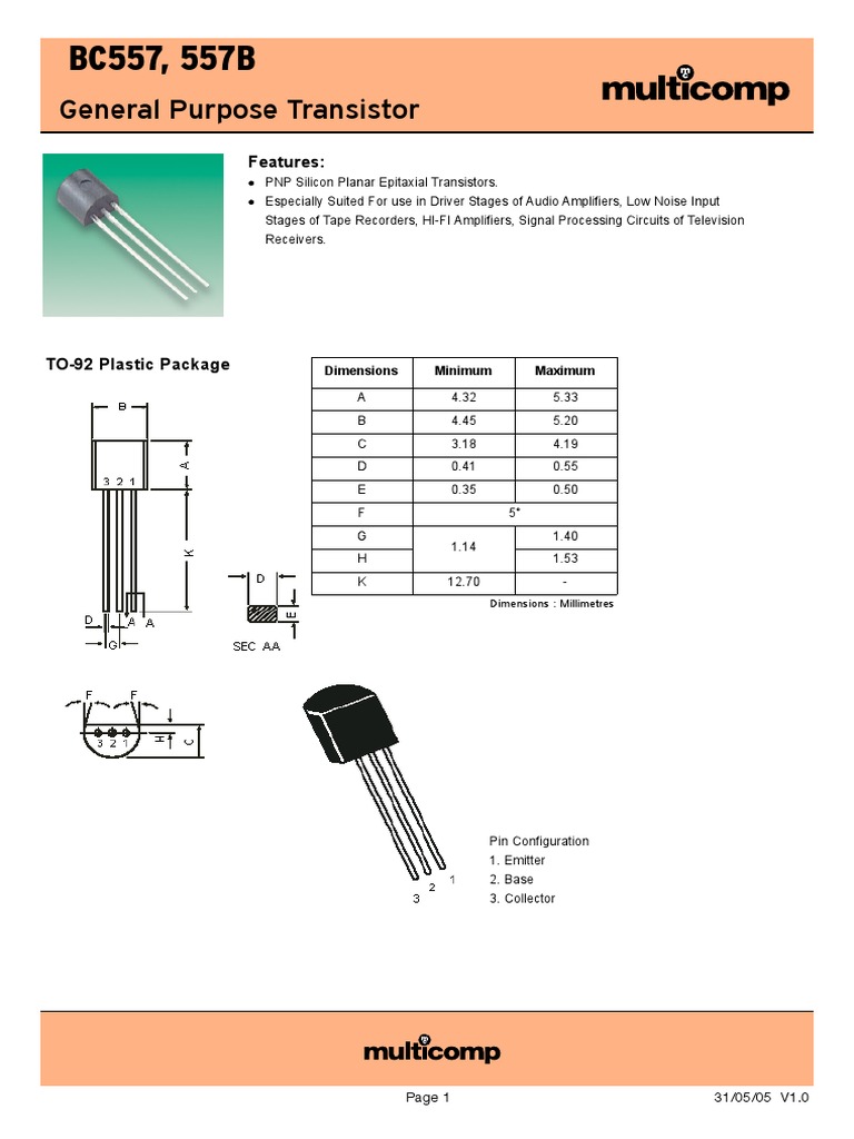BC557 Datasheet PDF | PDF | Bipolar Junction Transistor | Amplifier