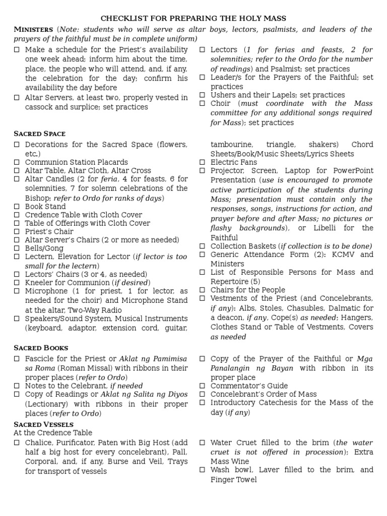 Checklist For Preparing The Holy Mass | PDF | Altar | Mass (Liturgy)