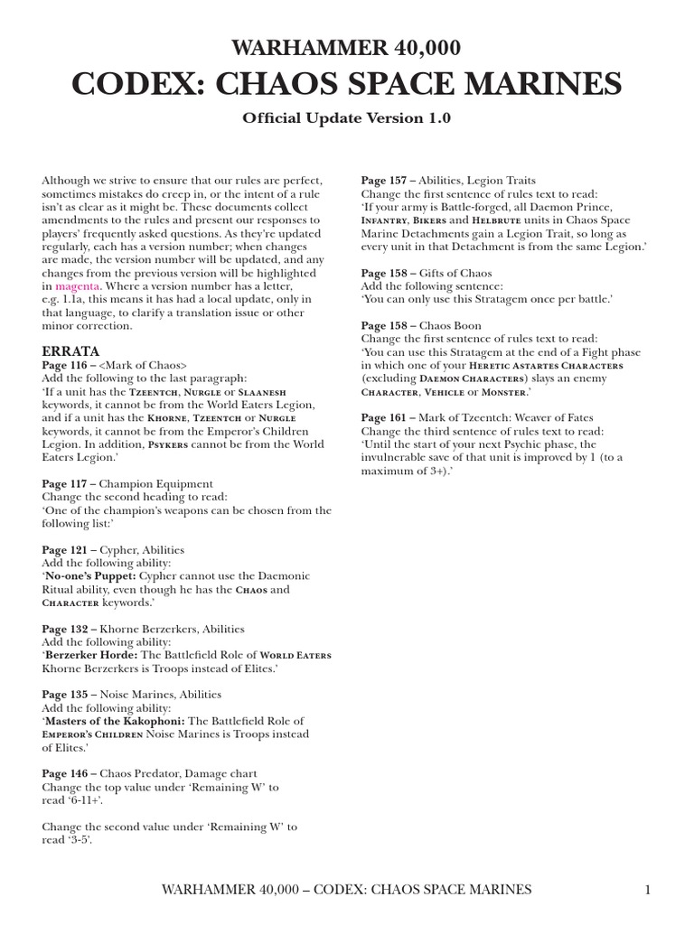 40K 8th Ed Update Codex Chaos Space Marines Ver 1.0 | PDF | Fictional ...