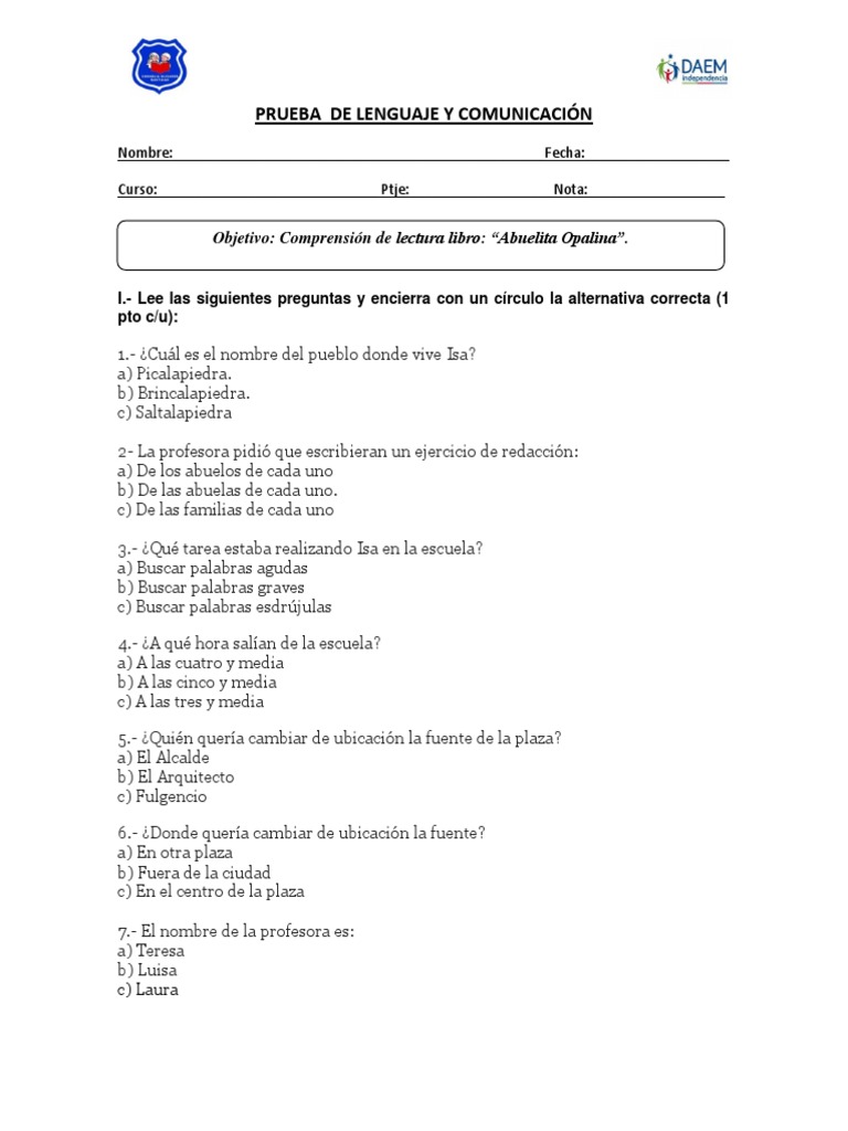 Prueba Libro Abuelita Opalina | PDF | Ocio