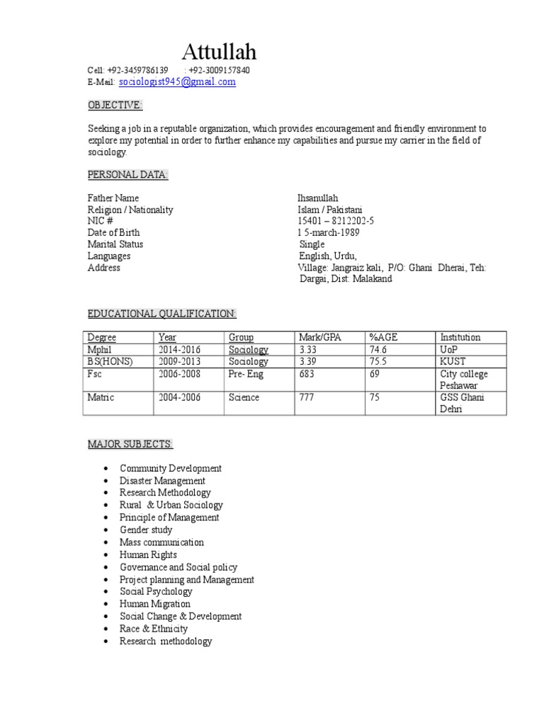 Atta Cv. For Apply | PDF | Sociology | Psychology