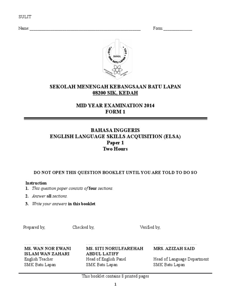 Form 1 Exam PT3 Formatted | Languages