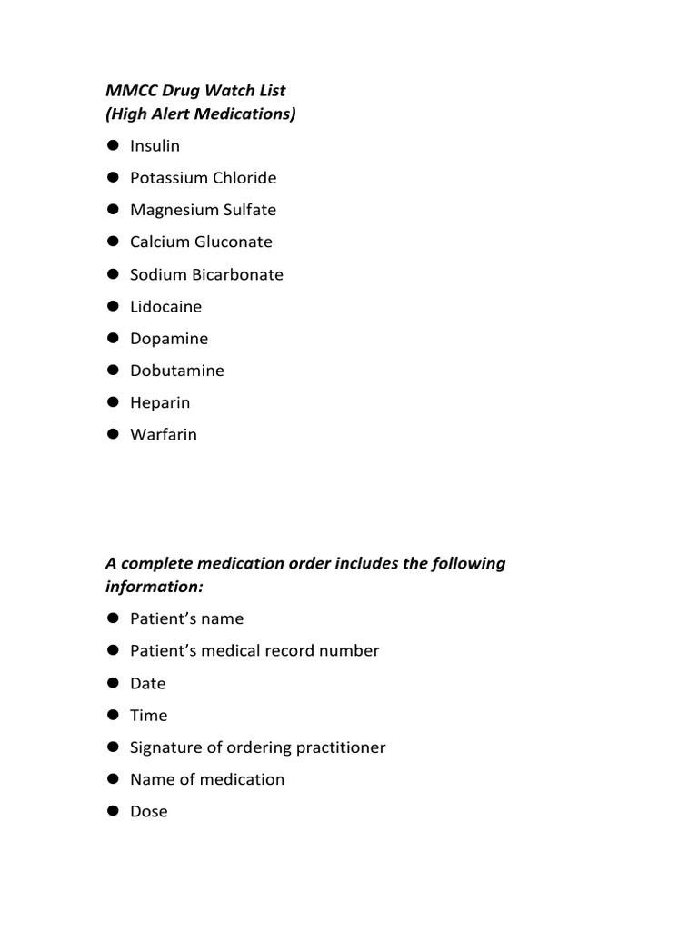 MMCC Drug Watch List (High Alert Medications) | PDF