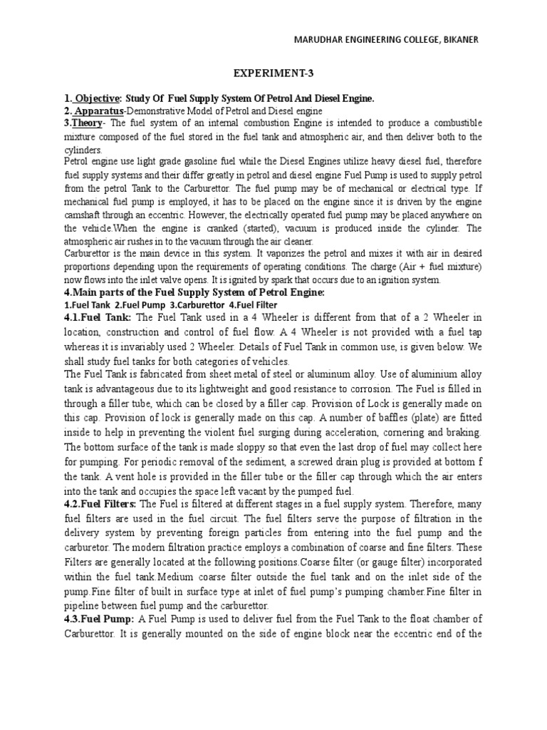 Fuel Supply System of Petrol Engine | PDF | Diesel Engine | Fuel Injection