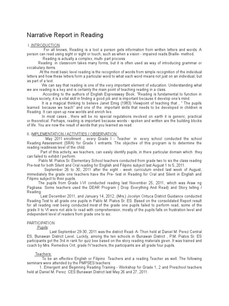 Narrative Report in Reading | PDF | Reading (Process) | Reading ...