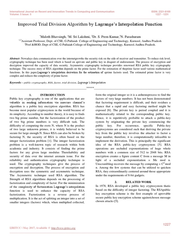 Improved Trial Division Algorithm by Lagrange's Interpolation Function ...