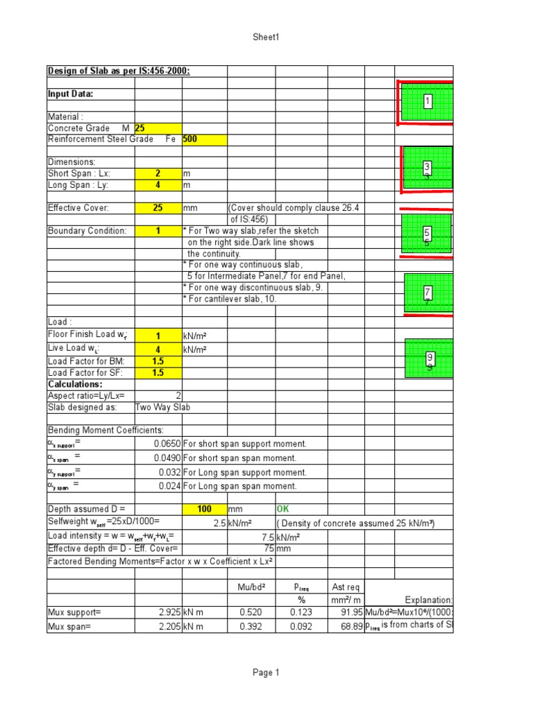 Two Way Slab Design Excel Sheet | Applied And Interdisciplinary Physics | Engineering