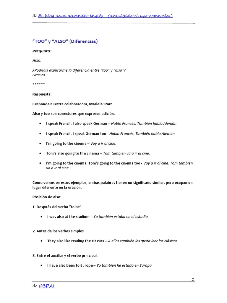 TOO y ALSO Diferencias | PDF | Oración (Lingüística) | Lingüística