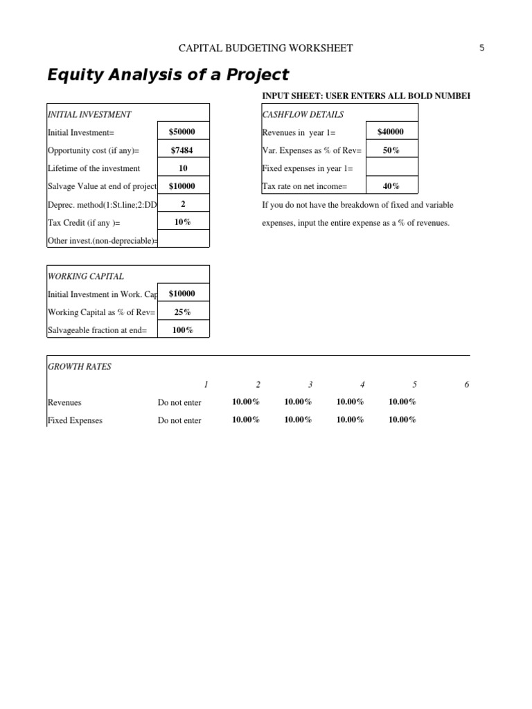 Equity Analysis of A Project: Capital Budgeting Worksheet | PDF ...