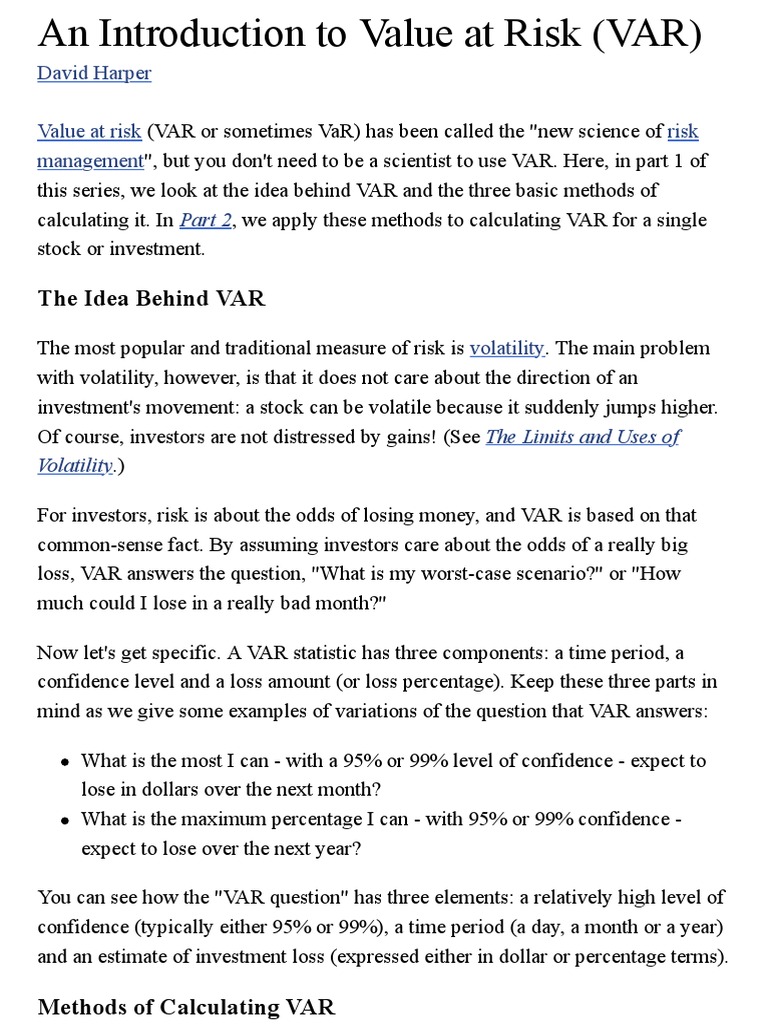 An Introduction To Value at Risk (VAR) | PDF | Value At Risk | Normal ...