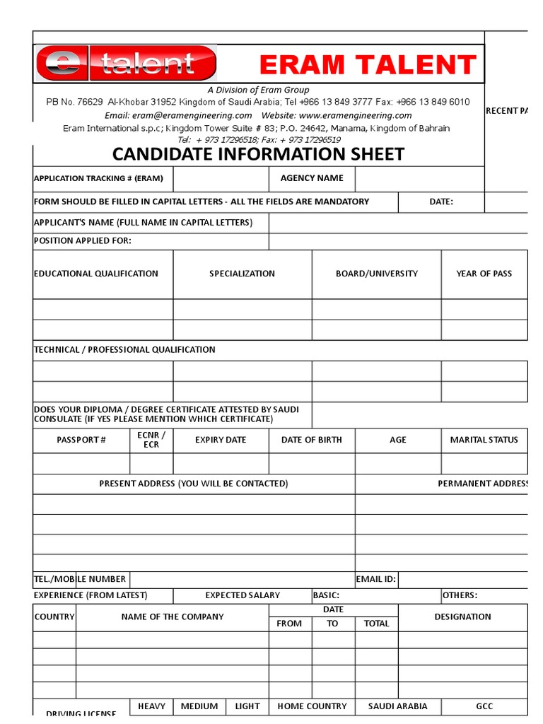Candidate Basic Information Sheet | Turnover (Employment) | Employment