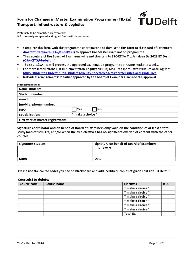 TIL-2a Form For Changes Master Examination Programme October 2016 | PDF ...