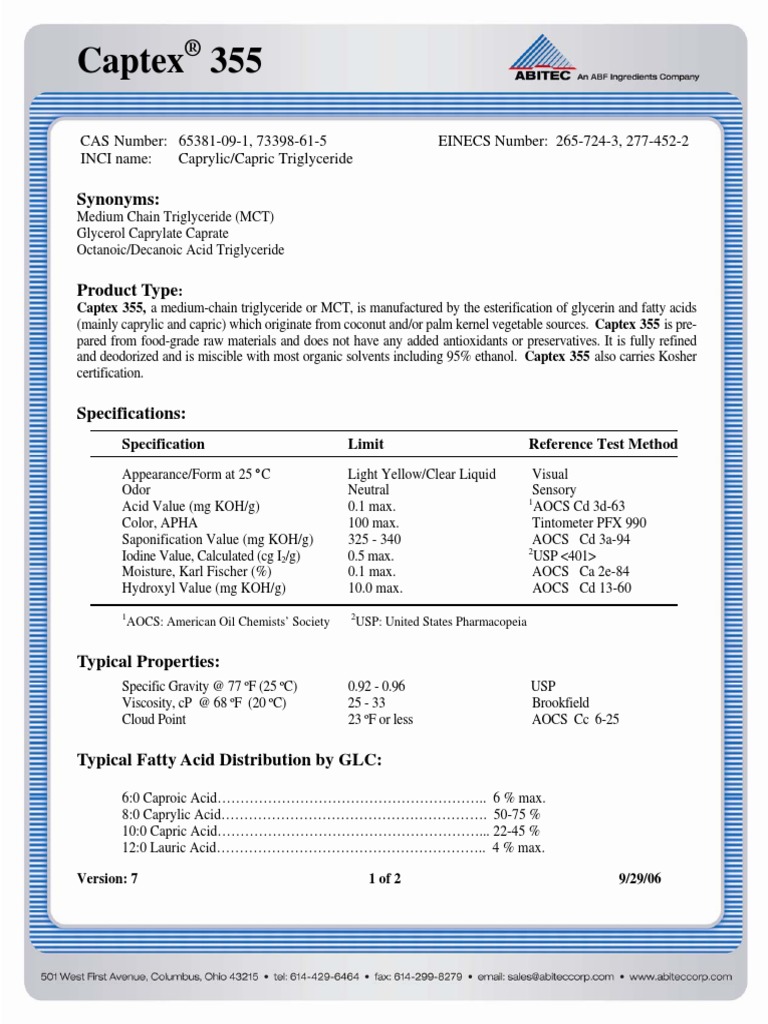 Tech Data Sheet Captex 355 Food Grade Preservative Free MCT | PDF ...