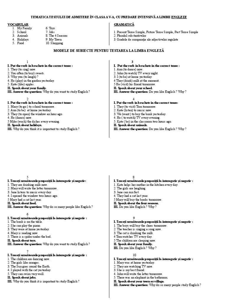 Admitere Engleza Model Subiecte Clasa V | PDF