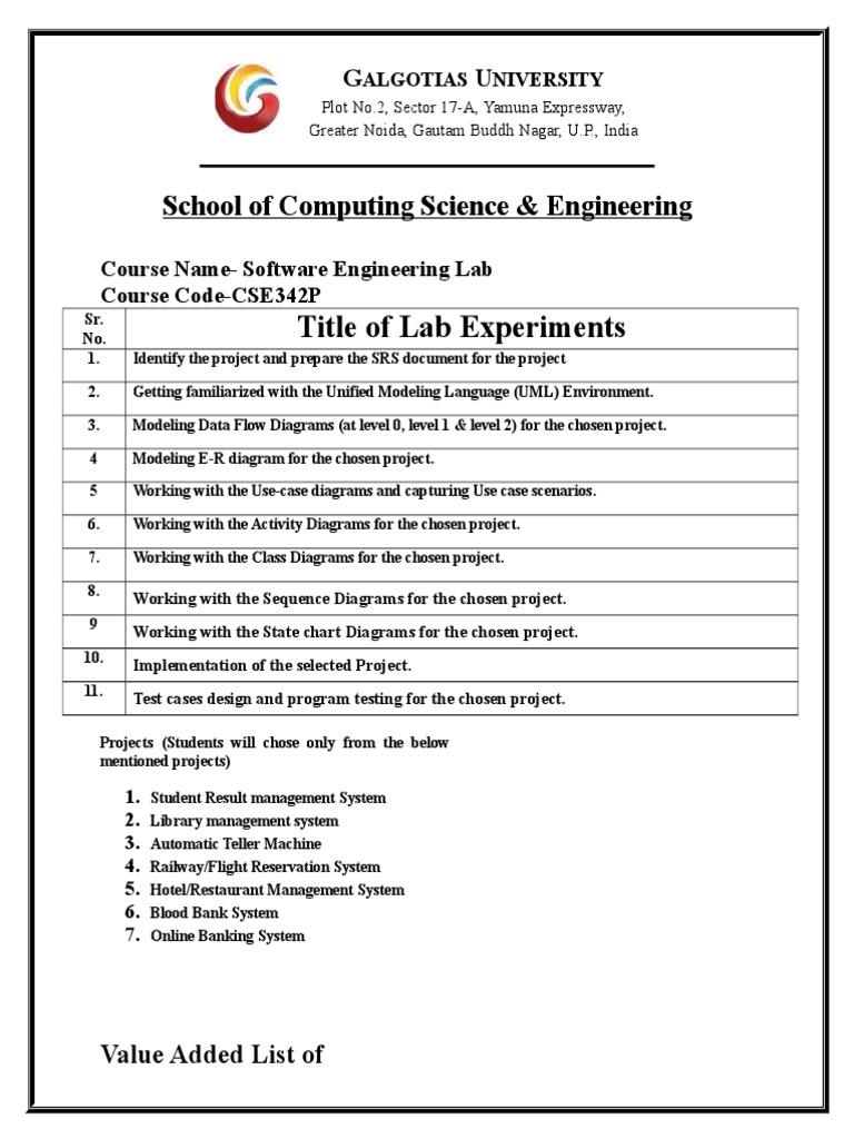 Software Engineering Lab - CSE342P Experiment List