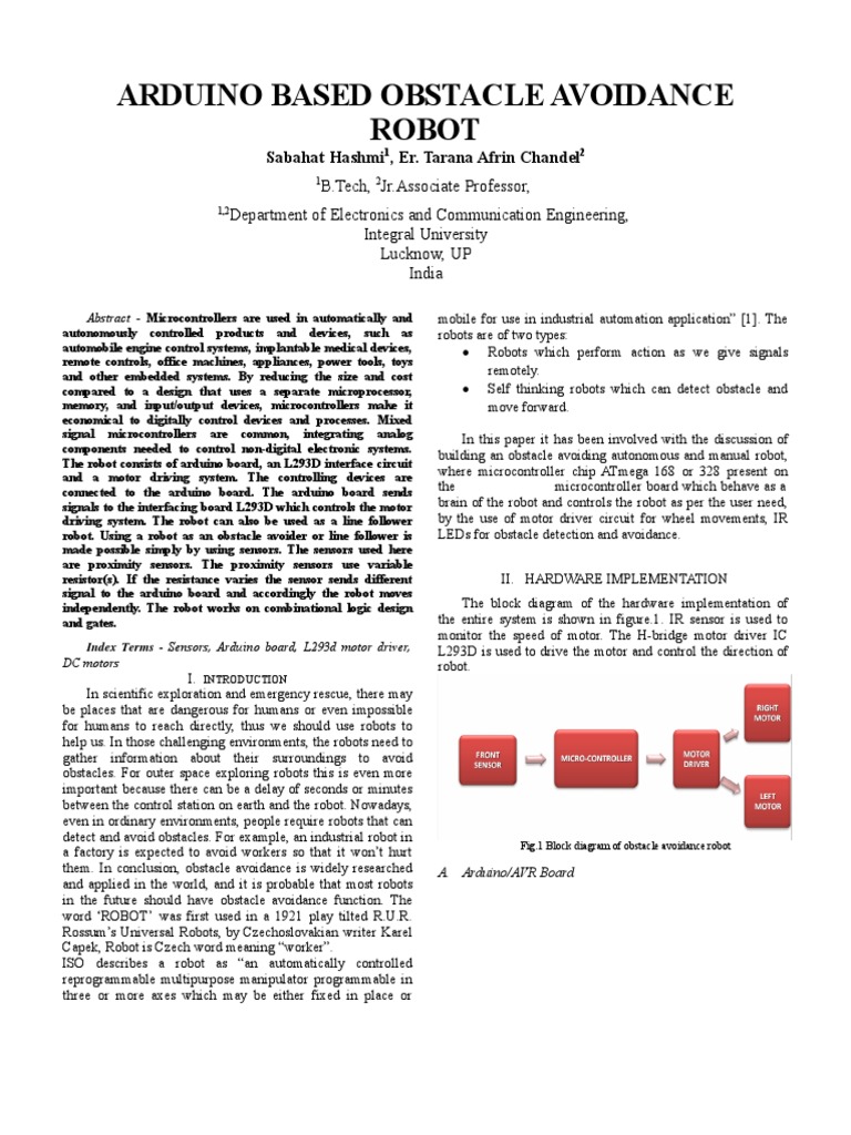 Full Paper Of Arduino Based Obstacle Avoidance Robot Pdf Microcontroller Arduino