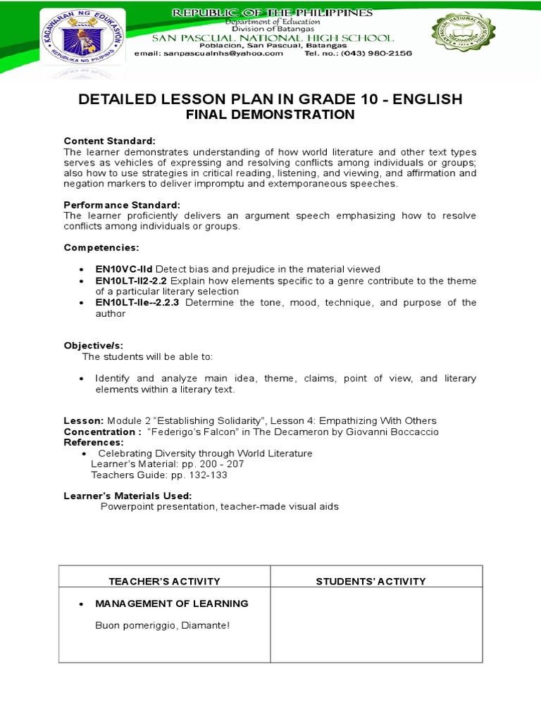 Detailed Lesson Plan in Grade 10 - English: Final Demonstration | PDF ...