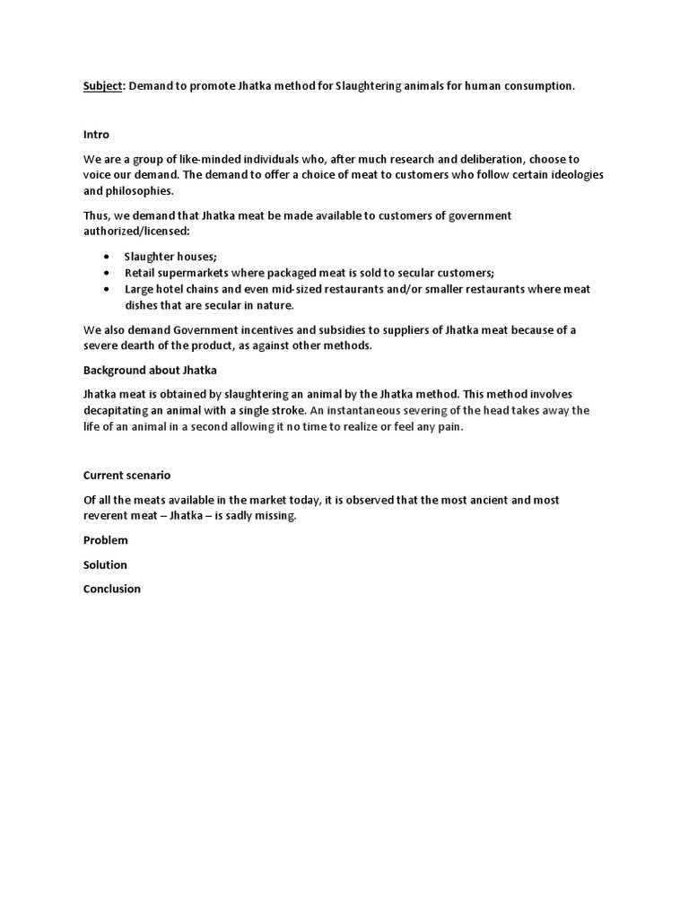 Subject: Demand To Promote Jhatka Method For Slaughtering Animals For ...