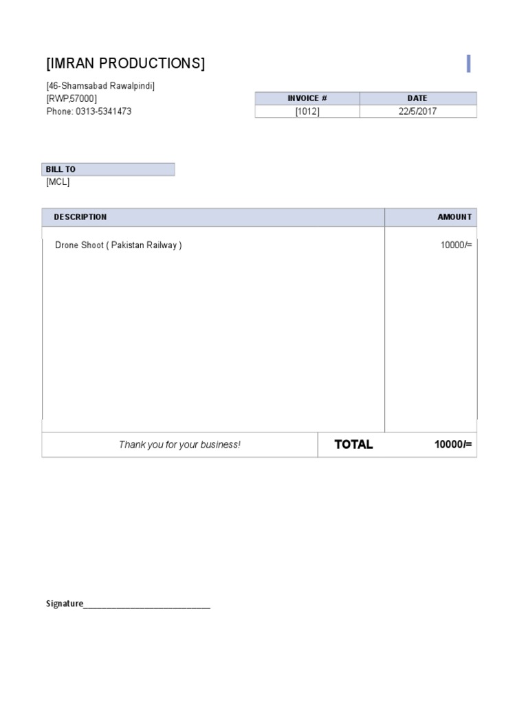Invoice #1012 for Drone Shoot of Pakistan Railway by Imran Productions ...