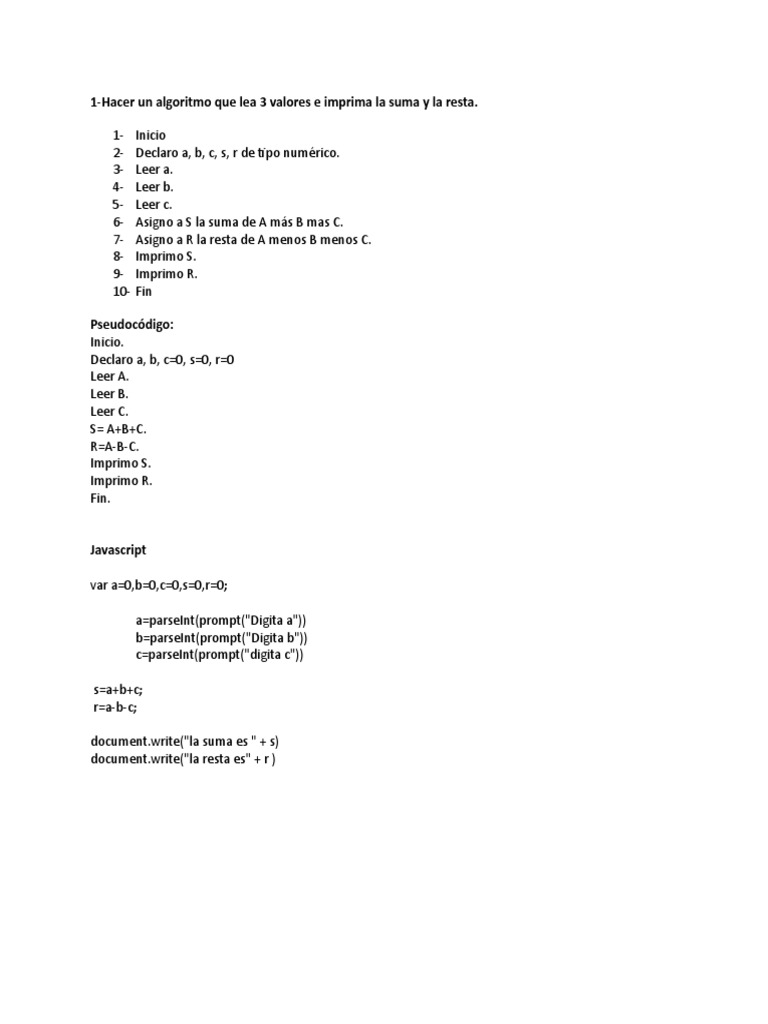 Algoritmo, Pseudocodigo y Javascript Simple | PDF | Algoritmos ...