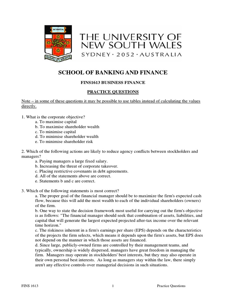 School of Banking and Finance: Fins1613 Business Finance Practice ...