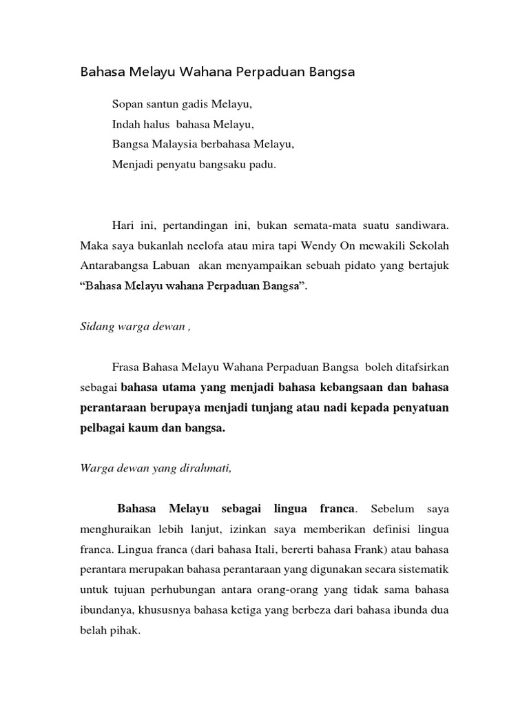 Pidato Bahasa Melayu Wahana Perpaduan Bangsa | PDF
