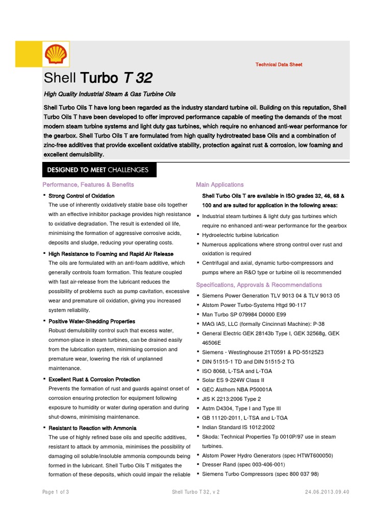 Shell Turbo T 32 Technical Data Sheet | PDF | Motor Oil | Gas Turbine