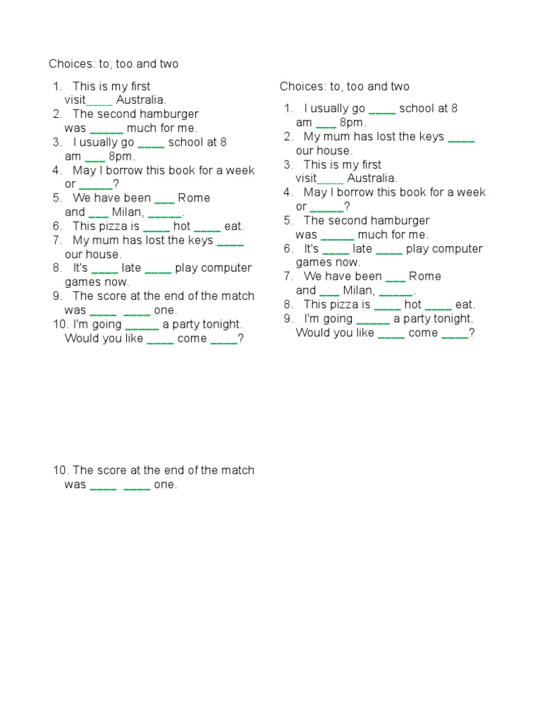 TO, TOO and TWO | PDF | Home & Garden