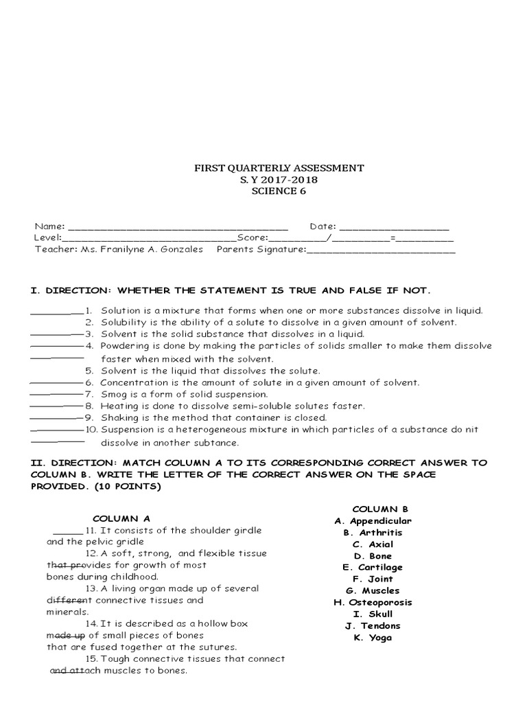 First Quarterly Assessment S. Y 2017-2018 Science 6 | PDF | Solution ...