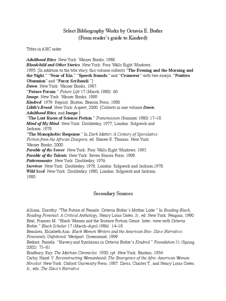 Octavia E. Butler Bibliography List | PDF | Octavia E. Butler