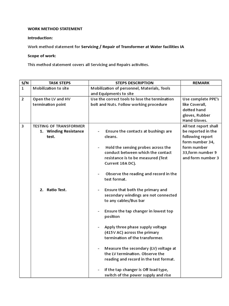 Work Method Statement for Servicing and Repair of a Transformer at ...