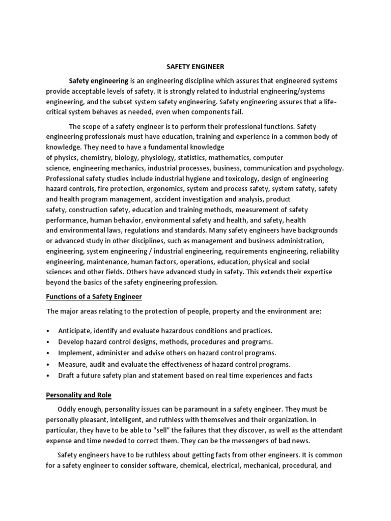 Safety Engineer Safety Engineering Is An Engineering Discipline Which ...