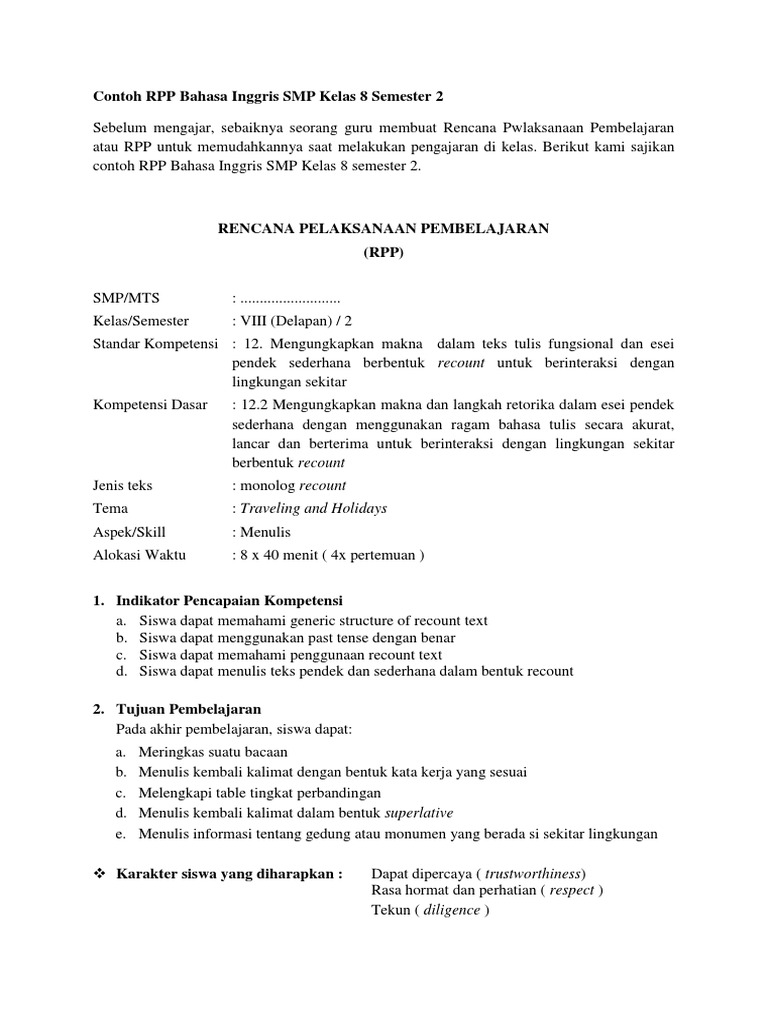 Contoh RPP Bahasa Inggris SMP Kelas 8 Semester 2 | PDF