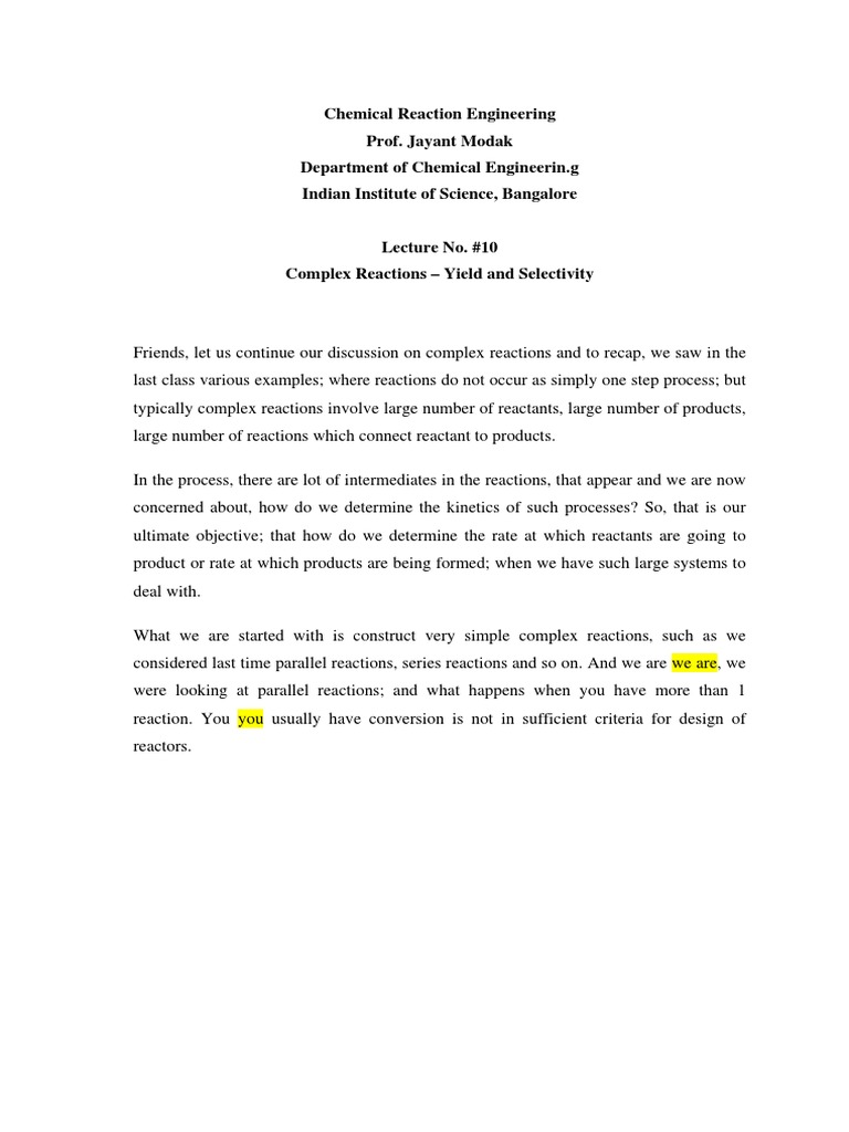 Chemical Reaction Engineering Prof. Jayant Modak Department of Chemical ...